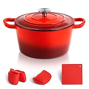 MICHELANGELO Dutch Oven Cast Iron, 5 Quart Dutch Oven Pot With Lid, Cast Iron Dutch Oven, Enameled Dutch Oven With Silicone Handles & Mat, Dutch Oven 5 Qt Red