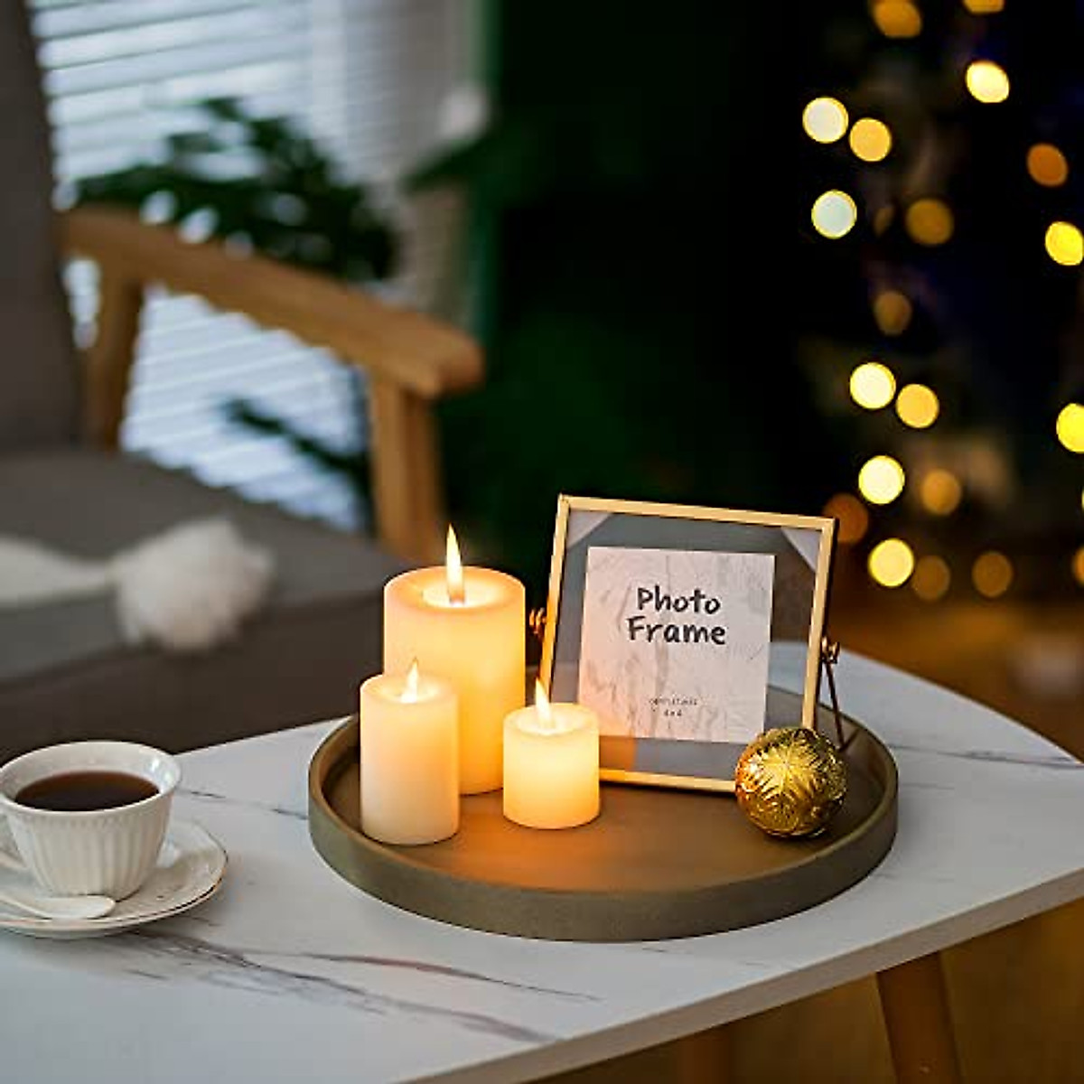 Hanobe Decorative Coffee Table Tray: Gold Wood Tray Round Rustic Wooden Trays Circle Farmhouse Centerpiece Candle Holder for Home Decor Ottoman Counter Display Living Room Organizer 12"