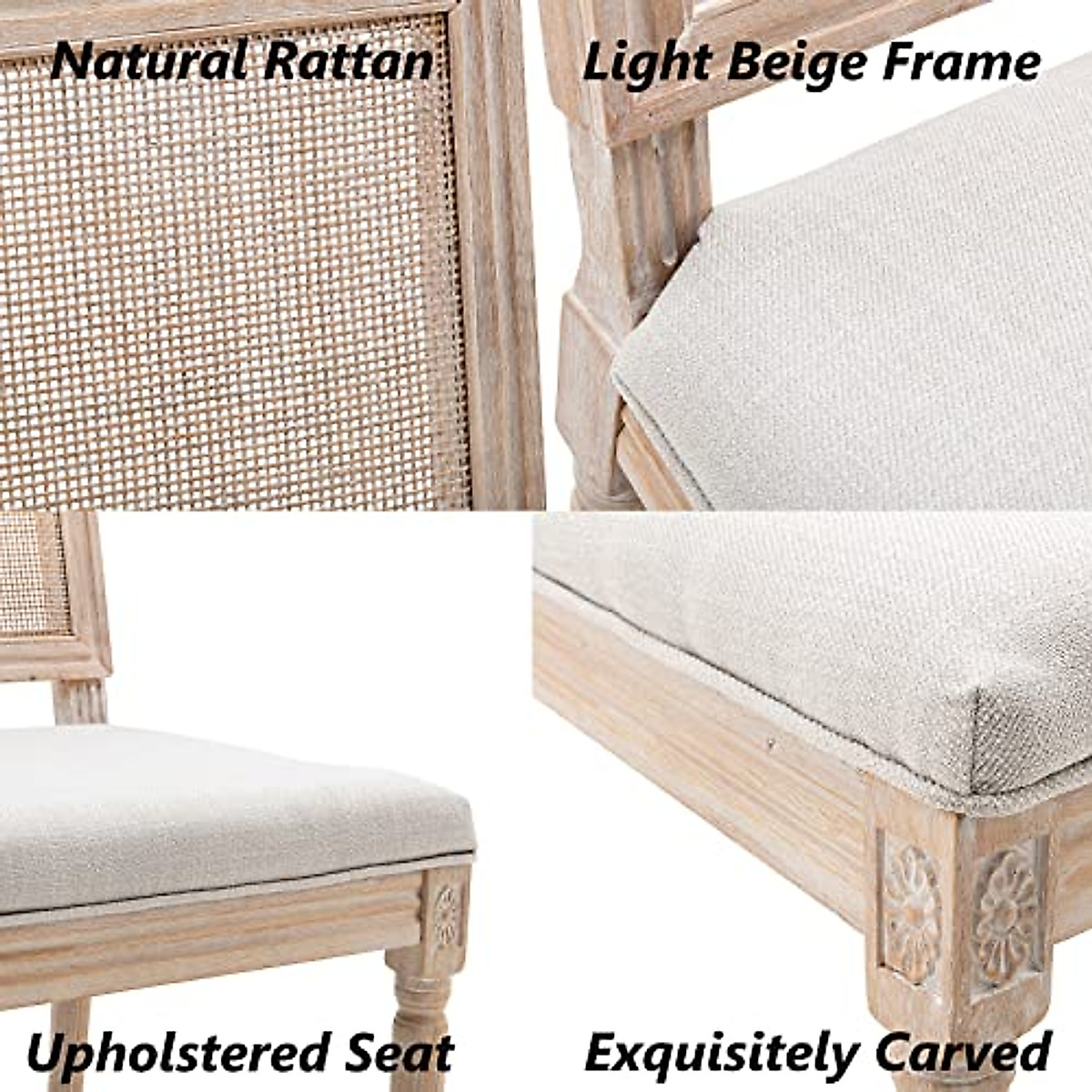 ZHENGHAO Vintage Farmhouse Dining Chairs Set of 2, French Country Dining Room Chairs with Rattan Back, Soild Wood Legs, Upholstered Chairs for Living Room/Kitchen/Restaurant, Beige