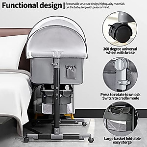 YADAQE Baby Bassinet, Baby Basinet Bedside Sleeper, Easy to Fold Portable Crib Side Bassinet 2023new Style Girl/boy bassinets (Gray)