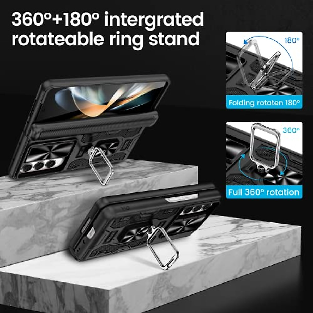 VEGO for Galaxy Z Fold 4 Case with Belt Clip Holster, 360°Ring Magnetic Kickstand & Camera Cover & Front Screen Protector, Hinge Protection Shockproof Armor Case for Samsung Z Fold 4 - Midnight Black