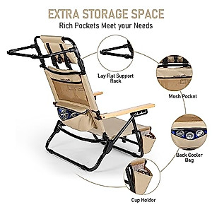 REALEAD Reclining Beach Chairs for Adults - Extendable High Back Low Profile Beach Chair with Headrest, Cooler Pouch, Cup Holder, 4-Position Lay Flat Folding Beach Chairs Heavy Duty Support 330LBS