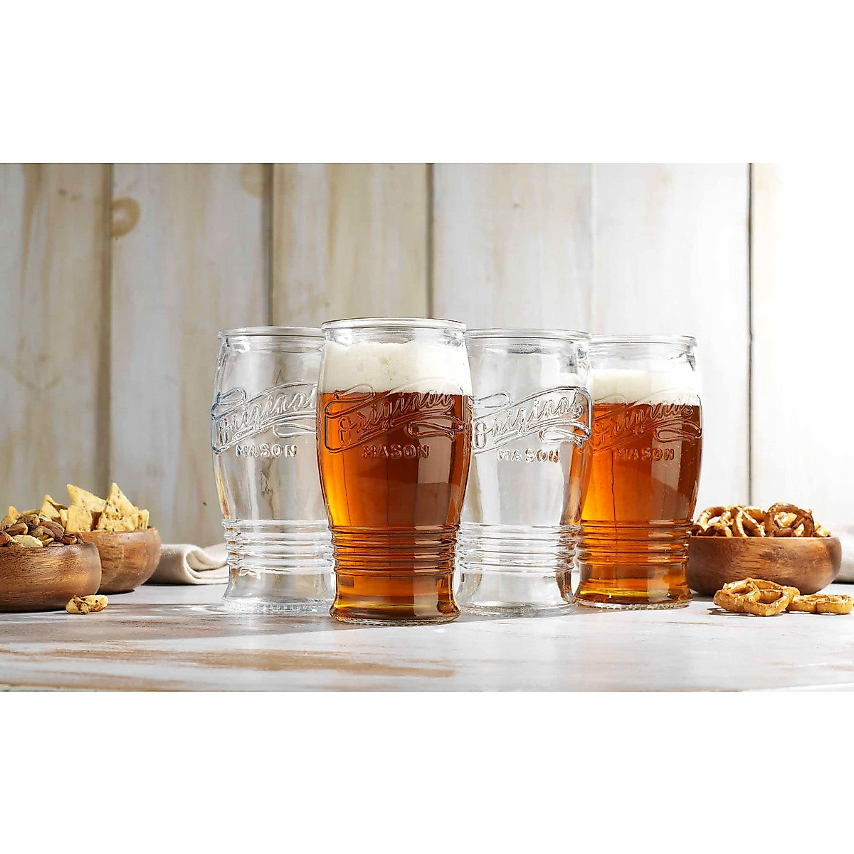 Glaver's Pilsner Glasses 16 Oz. Beer Glasses, Set Of 4 Tall Original Mason Glasses, Wheat Beer Pint Glasses, Drinking Cups For Juice, Smoothies, Beverages, Cocktail Drinkware, Dishware Safe.