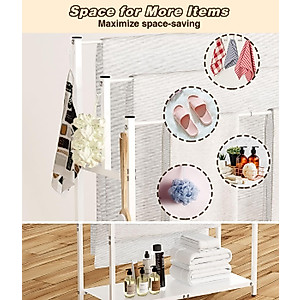 Mondazie 44” Tall Free Standing Towel Racks with 6 Hooks for Bathroom, 3 Tiers Oversized Pool Bath Towels Drying Stand, Metal Blanket Ladder Holder with Storage Shelf for Bedroom Living Room, White