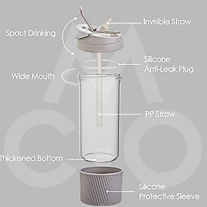 COMI Glass Travel Coffee Tumbler, Smoothie Cup Travel Dual-use Glass Coffee Cups with Lids Coffee Travel Cup with straw - 12 oz - Ash Grey