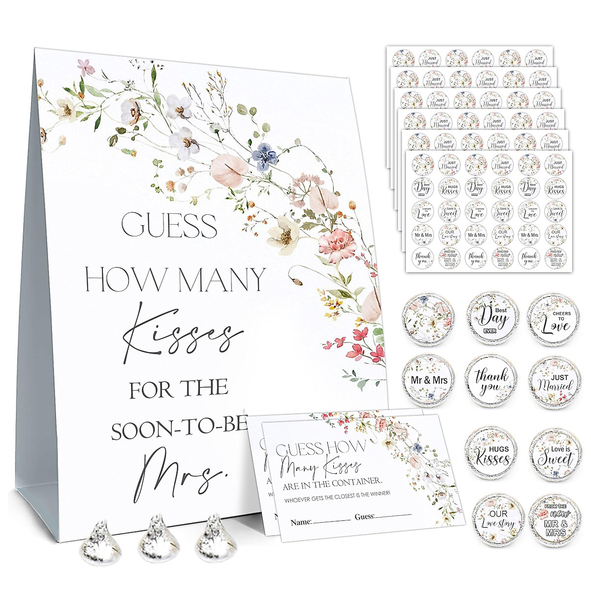 How Many Kisses Bridal Shower Games, How Many Kisses Standing Sign 50 Guessing Cards 180 Bridal Shower Kisses Stickers, How Many Kisses Flowers Bridal Shower Game Set for Bridal Shower and Weddings