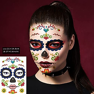 12 Sheets Halloween Face Tattoos Day of the Dead Face Sugar Skull Tattoos, Including 6 Large Sheets Halloween Sugar Skull Temporary Face Tattoos