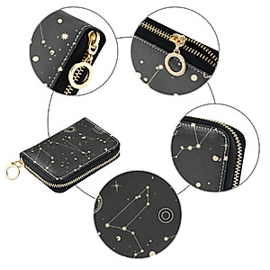 Zodiac Signs Moon Moonlight in Vintage Style on Dark Credit Card Coin wallet, Key Change Organizer Zipper Purse Compact Clutch Pouch Pocket, RFID Blocking Women Leather Card Holder