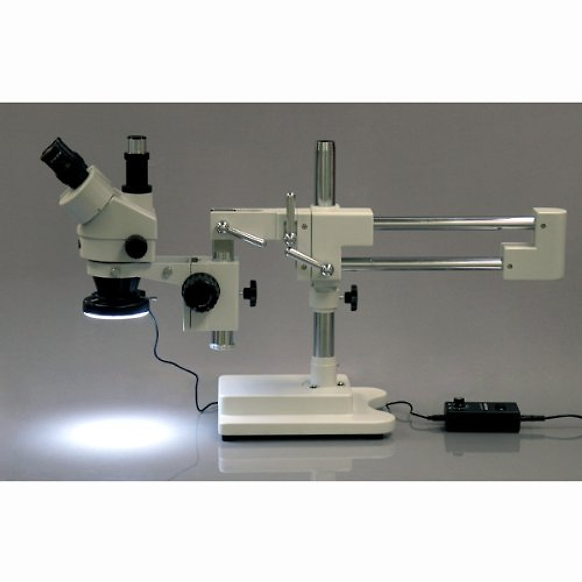 AmScope SM-4TZ-144 Professional Trinocular Stereo Zoom Microscope, WH10x Eyepieces, 3.5X-90X Magnification, 0.7X-4.5X Zoom Objective, 144-Bulb LED Ring Light, Double-Arm Boom Stand, 110V-240V, Includes 0.5X and 2.0X Barlow Lens
