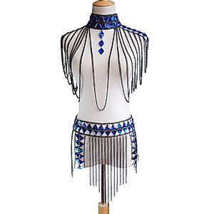 Sinkcangwu Boho Jewelry Set Body Chain Suit Tribal Harness Bra Crop Top Necklace Skirt for Women Summer Beach Party (Black and Blue)