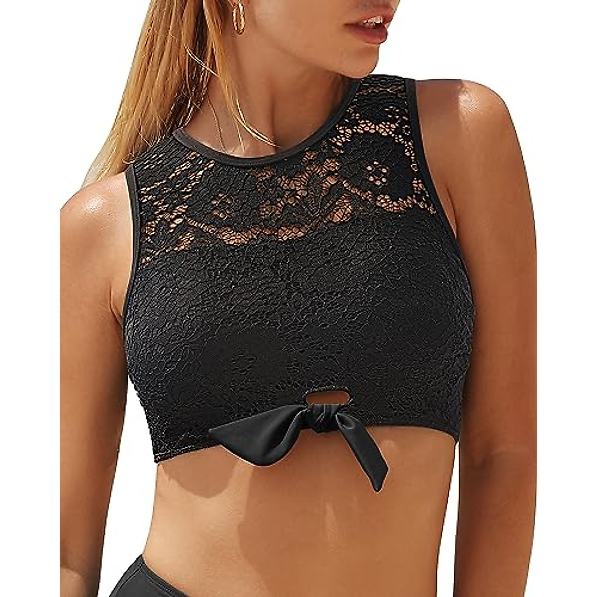 Tempt Me Women Black High Neck Bikini Top Swim Crop Top Tie Knot Front Lace Swimsuit Top Only XXL