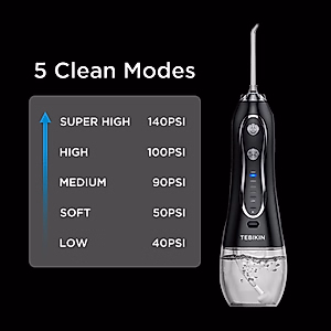 TEBIKIN Cordless Water Flosser Portable Dental Professional Oral Irrigator with Gravity Ball Powerful Travel Water Teeth Cleaner with 5 Levels 5 Tips IPX7 Waterproof 300ML for Home Travel