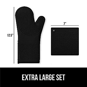 Gorilla Grip Heat and Slip Resistant Silicone Oven Mitt and Trivets Set, Waterproof, Cotton Lined Gloves, BPA-Free, Long Cooking Mitts and Trivet Mats, Kitchen Potholder Sets for Pans, 4 Pieces, Black