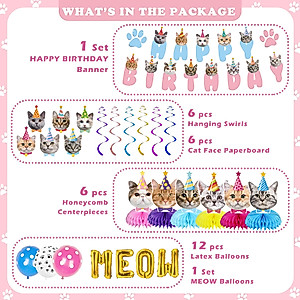 GOYOSWA Cat Birthday Party Supplies Cat Birthday Party Decorations, Cat Themed Birthday Party Supplies Includes 1 Birthday Banner, 6 Cat Honeycomb Centerpieces, 6 Hanging Swirls with 6 Cat Cutouts Decorations, MEOW Letter Balloons and 12 Balloons