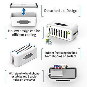 Surge Protector Power Strip with Cable Management Box, 6 Outlets and 2 USB Ports with Switch Control, Flat Plug, 5ft Heavy-Duty Extension Cord, Cord Organizer Box for Home and Office - White