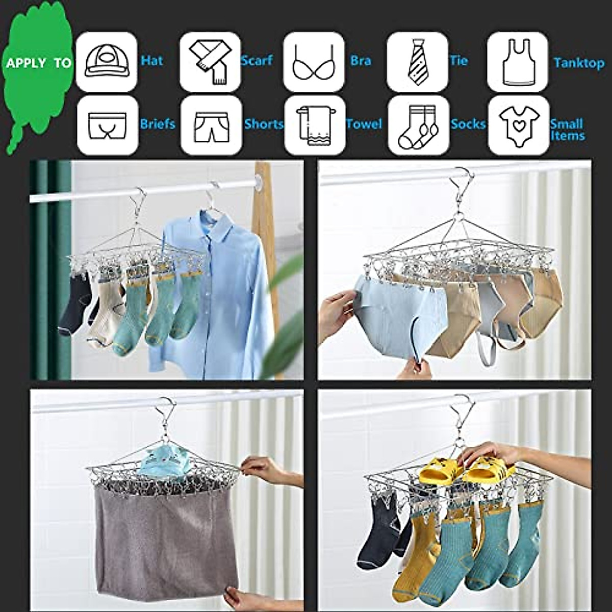 Mokife Clothes Sock Drying Rack with 36 Clips, Stainless Steel Underwear Dryer Swivel Laundry Hanger with Windproof Hook for Hanging Towels Bras Gloves Baby Clothes Indoor Outdoor