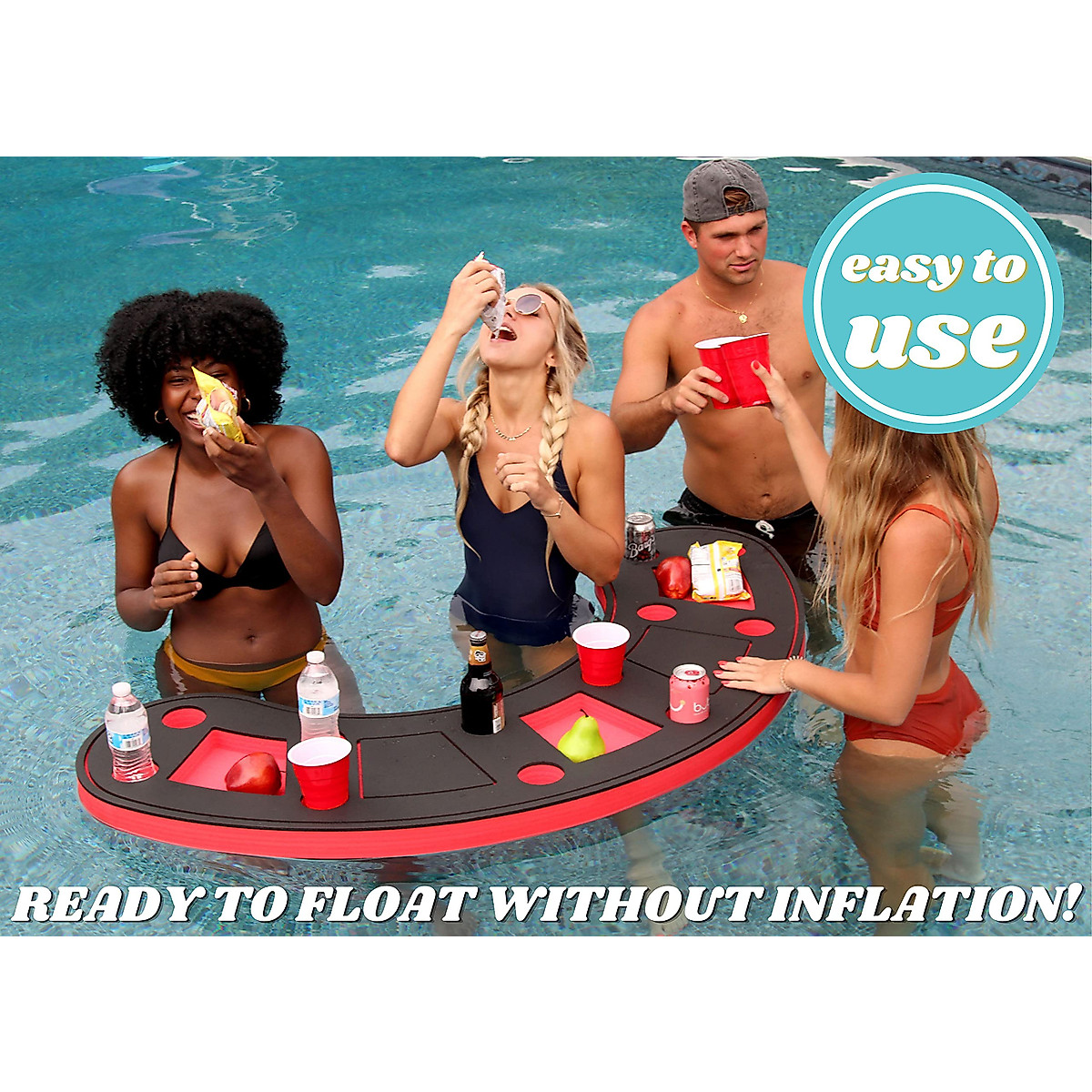 Polar Whale Giant Red and Black Floating Bar Table Tray Bartender Drink Holder for Pool or Beach Party Float Lounge Refreshment Durable UV Resistant Foam 15 Compartment with Cup Holders 5 Feet Long