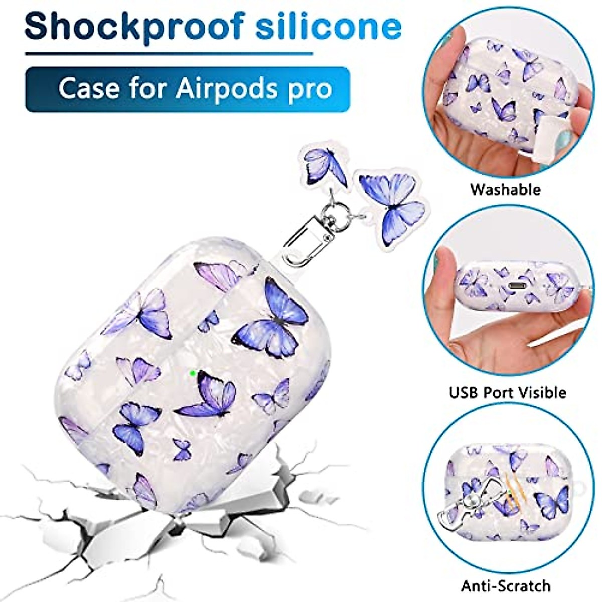 Cute Airpod Case with Butterfly Pendant, Kawaii Dreamy Blue Butterfly Shell Design Soft Shockproof Protective Cover Compatiable with Airpods Pro Case for Girls and Womens