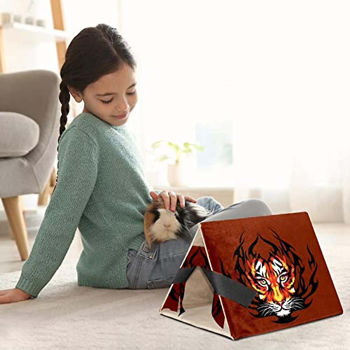 Y-DSIWX Guinea Pig House Bed, Rabbit Large Hideout, Small Animals Nest Hamster Cage Habitats Red Animal Tiger Face