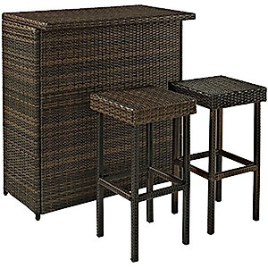 Crosley Furniture Palm Harbor 3-Piece Wicker Outdoor Bar Set with Two Stools for Backyard, Patio, Deck, Balcony, Brown