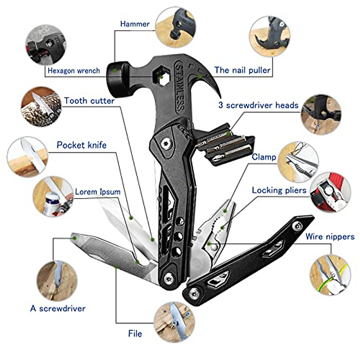 14 in 1 Multitool Hammer - All in One Tool Mini Camping Hammer, Cool Hiking Survival Gear, Multitool Gadgets For Mens Gifts, Hunting Stocking Stuffers For Men