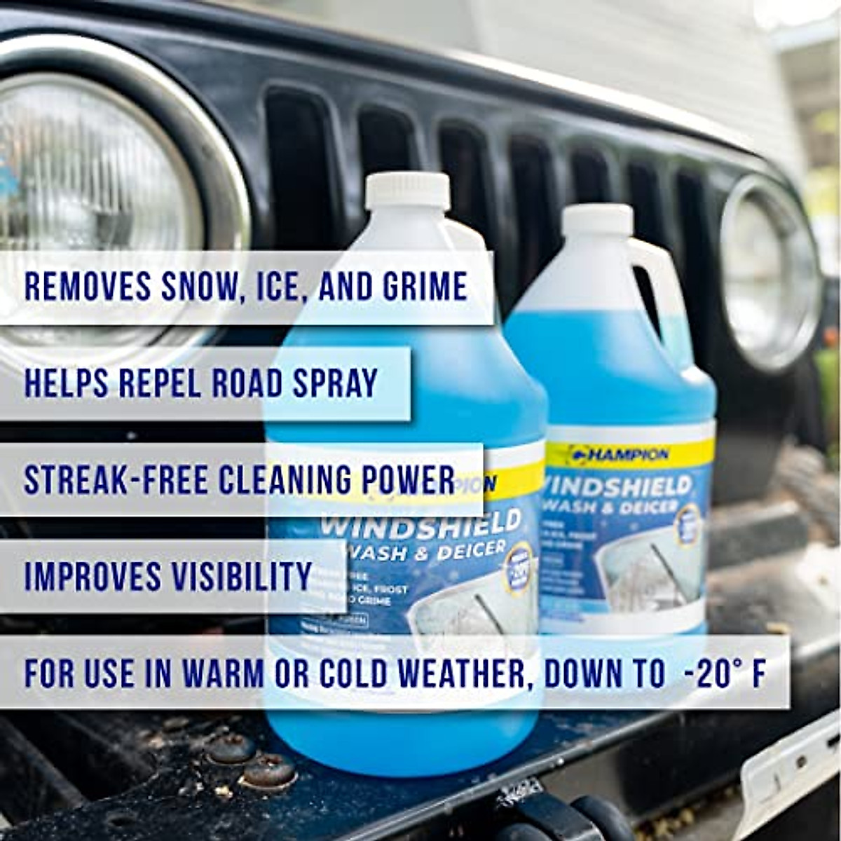 CPDI Champion Windshield Washer Fluid and Deicer for Ice, Frost, and Road Grime, Powerful Streak-Free Shine, All-Weather Year-Round Protection