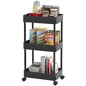 Sooyee 3-Tier Plastic Rolling Utility Cart with Wheels, Multi-Functional Storage Trolley for Office, Living Room, Kitchen, Movable Storage Organizer with Wheels, Black