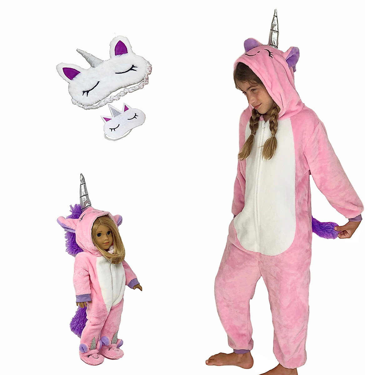 MY GENIUS DOLLS Unicorn Matching Onesie Pajamas and Sleepmasks - Fits Girl and 18 inch Doll Like American (Doll Not Included)