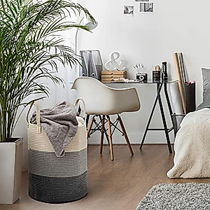 EZOWare Large Cotton Rope Storage Basket, Soft Woven Laundry Hamper with Handles for Bathroom Nursery Closet - Gradient Gray, 15 x 18 inch