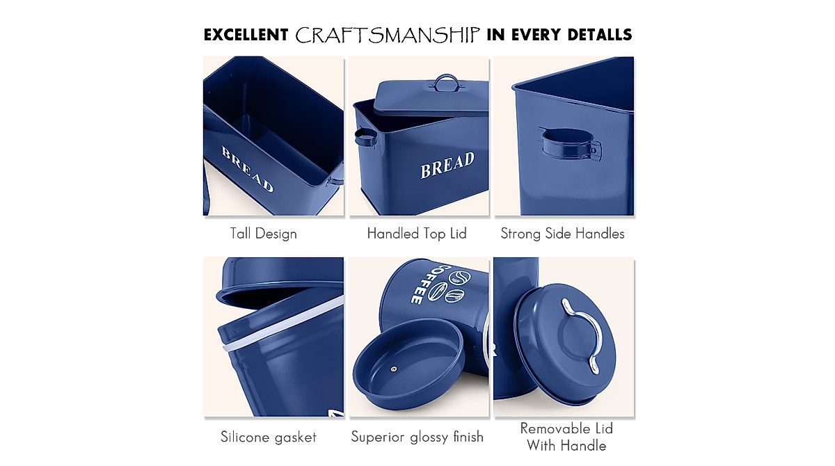 E-far Navy Blue Bread Box & Canister Set - Rustic Kitchen Storage