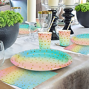 Hovico 120 Pieces Gold Polka Dot Party Plates with Paper Plates, Napkins, 9 Ounce Cups, Birthday, Graduation, Cocktail Party(Blue&Pink&Gold)