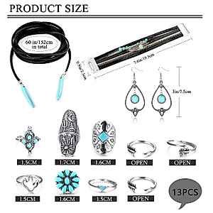 Sanfenly Bohemian Turquoise Jewelry Pendant Suede Long Choker Necklace Vintage Turquoise Statement Dangle Earrings Boho Leather Cuff Bracelet with Stackable Knuckle Rings Set for Women, Metal, Cubic