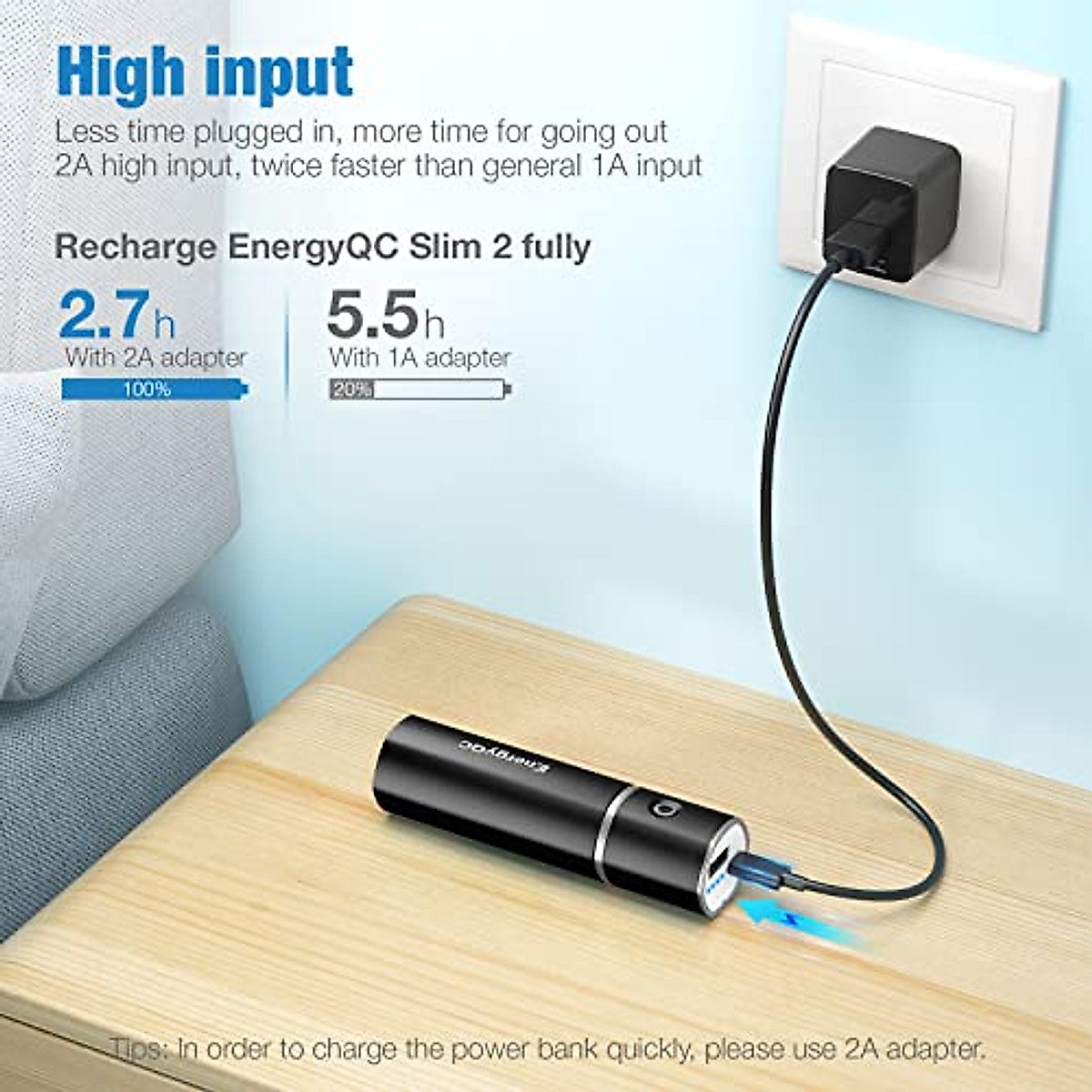 EnergyQC Slim 2 Portable Charger,Ultra-Compact 5000mAh Power Bank External Battery Compatible with iPhone,Samsung Galaxy,Airpods and More-Black