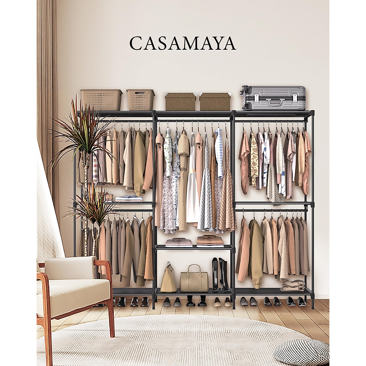 CASAMAYA Clothes Rack, Portable Closet, 80.7 Inch Extra Large Capacity Wardrobe Closet, Clothes Storage Organizer with Shelves and 5 Hanging Rods, Easy to Assembly, Black PCT036B01