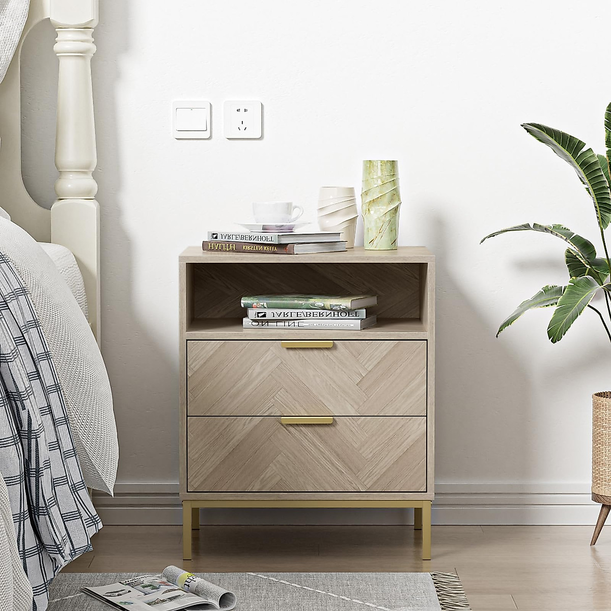 Anmytek Modern Nightstand for Bedroom, 2 Drawer Nightstand Square Bedside Table End Table with Storage for Bedroom, Sofa Side Table 2 Drawer Nightstand, Natural Oak, H0103