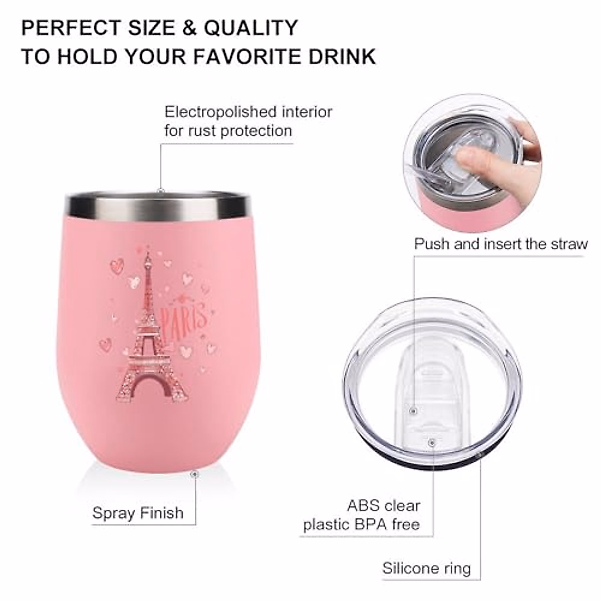 Paris France Eiffel Tower Souvenir Insulated Wine Tumbler with Lid Stainless Steel Travel Mug Coffee Cup for Cold & Hot Drinks