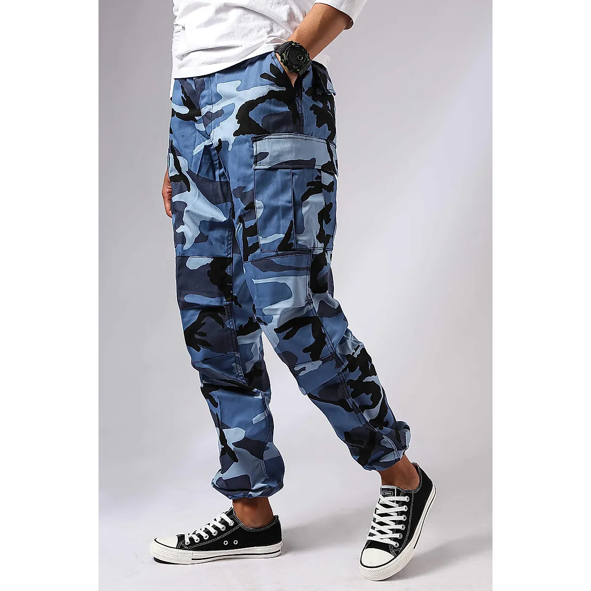 BACKBONE Mens Casual Street Fashion Camo Cargo Pants Army Combat Military BDU Pants Work Hunt Pants (Sky Blue Camo,Size 36)