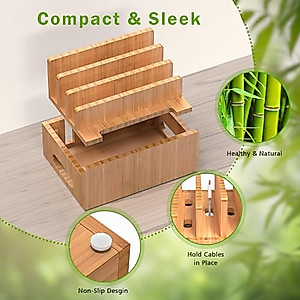 Pezin & Hulin Bamboo Charging Station Organizer for Multiple Devices, Desktop Docking Stations Holder for Cell Phone, Tablet, SmartWatch & Earbuds Stand (Included 5 Cables) (No USB Charger)