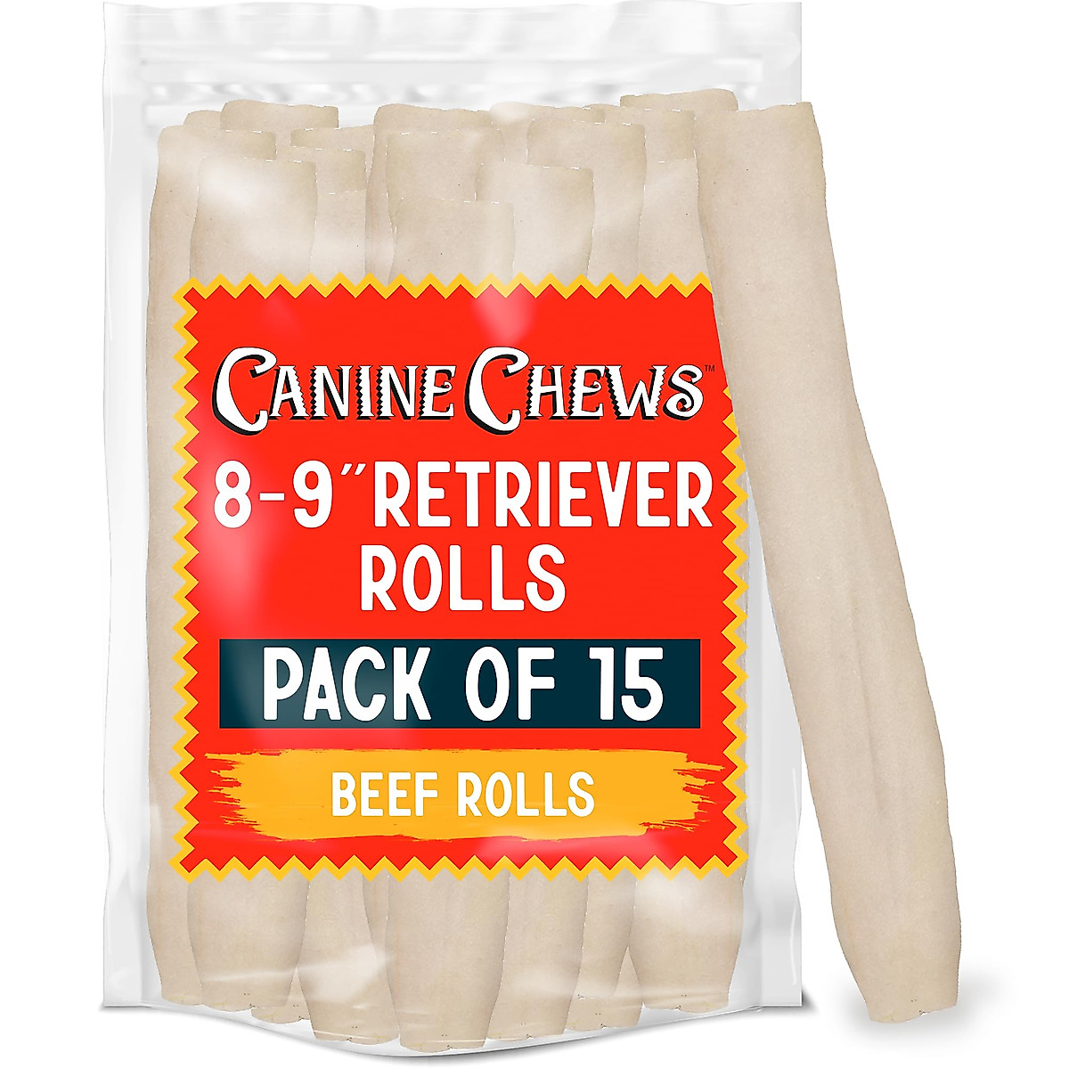 Canine Chews 8-9" Rawhide Retriever Rolls (15 pk) - Rawhide Bones for Large Dogs - 100% USA-Sourced Natural Beef Rawhide Bones - Single Ingredient Dog Rawhide Chews - Dental Health Dog Rawhide Bones