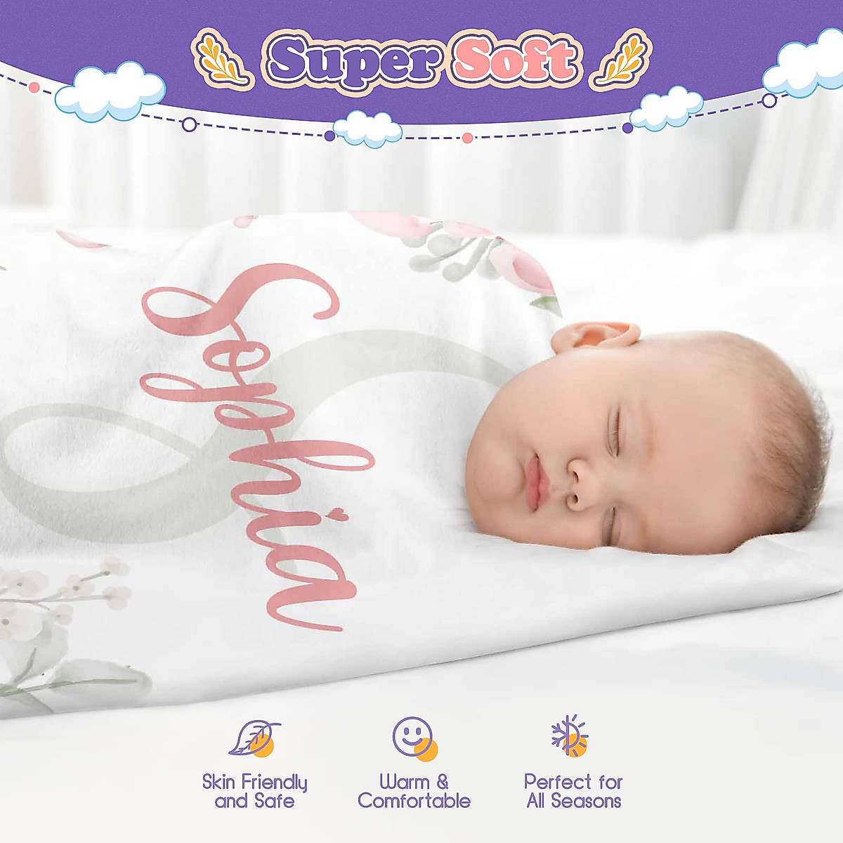 UOZGUY Personalized Floral Baby Blankets for Girls, Customized Name Baby Newborn Toddler Blankets, Baby Girl Newborn Essentials Super Soft Fleece Baby Blankets, 30"x40"