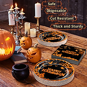 DYLIVeS Halloween Party Supplies, Orange Gold Foil Halloween Pumpkin Cemetery Bats Dinnerware, Includes 9" Plates, Napkins Cups Cutlery Halloween Birthday Party Decorations for Kids Adults, Serve 24