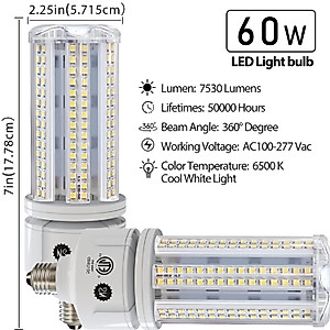 NS 2 Pack 600W Equivalent 7530 Lumen A19 60W LED Corn Light Bulbs E26 Medium Base 6500K Cool White for Home Garden Lighting Garage Backyard Office Household