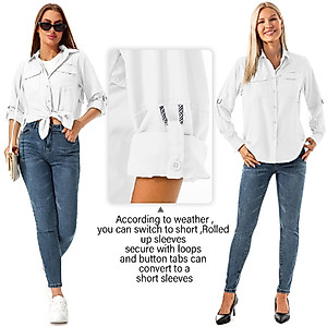 Women's Quick Dry Sun UV Protection Convertible Long Sleeve Shirts for Hiking Camping Fishing Sailing (5026 White L)