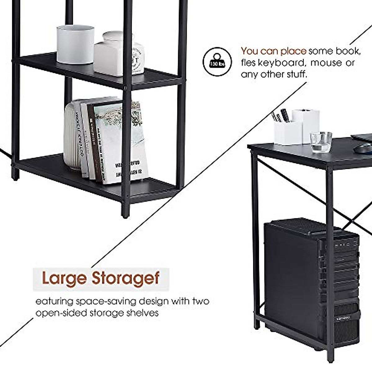 ivinta Computer Desk with Shelves, Office Desk for Living Room,Small Desk with Storage Space, Home Office Desks, Vanity Desk with Gold Legs PC Laptop Table (Black, 55")