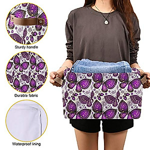 Nander Large Foldable Storage Bin Square Waterproof Storage Basket Cube with PU Handles for Organizing Nursery Home Closet & Office - Purple Butterfly, 2 Pack