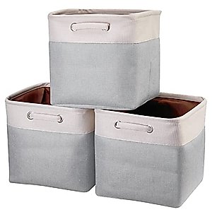 Fabric Cube Storage Boxes Foldable Storage Bins Earth-Green and Beige Patchwork Storage Baskets Cube Storage Bins with Handle Cubes Inserts Storage for Home and Office Supplies 13x13x13 cube organizer bin 3 Pcs/Pack