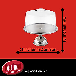 Tablecraft Cake Stand with Dome, Clear Acrylic Shatterproof Lid Cover with Stainless Steel Display Pedestal, Domed to Fit 12 Inches in Diameter Cakes, Pies and Pastry, Commercial Restaurant Use