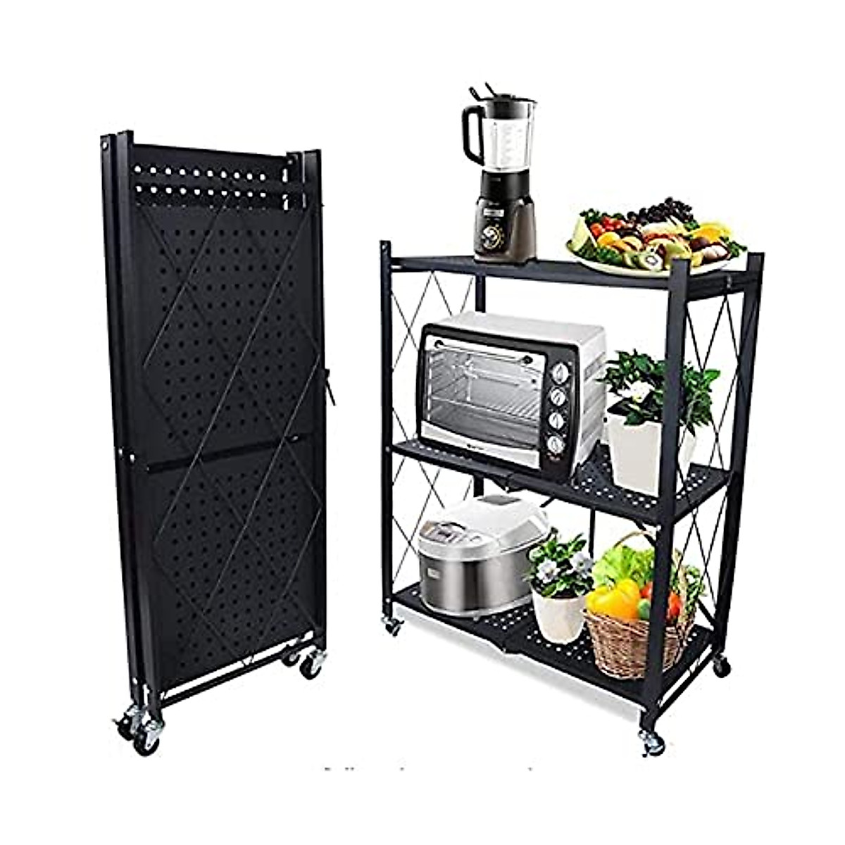 ATAAY Foldable Storage Shelves with Wheels,Metal Storage Shelving Units, Heavy Duty Collapsible Kitchen Shelves Bookshelf,Small Rack with Wheels/White