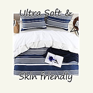 Duvet Cover Set - 100% Cotton,King Size,3 Piece Navy Striped , Simple Modern Farmhouse with Zipper Closure