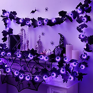Ouddy Decor 2 Pack Lighted Halloween Garland, Total 20 FT 60 LED Black Maple Leaves Garland with Eyeballs Lights Waterproof Timer Battery Operated for Indoor Outdoor Home Halloween Decorations, Purple